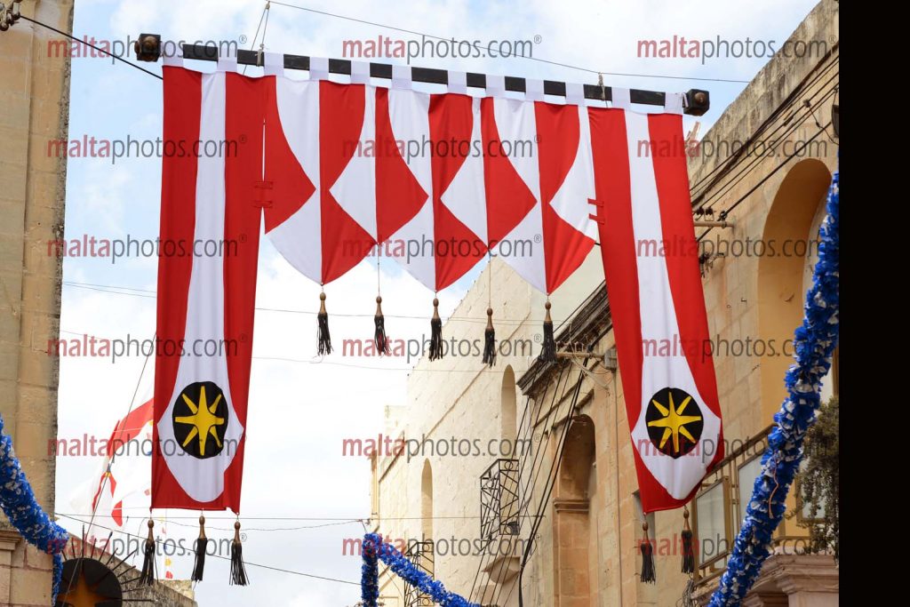Mosta Street Decorations Feast Festa Banners Flags - Malta Photos